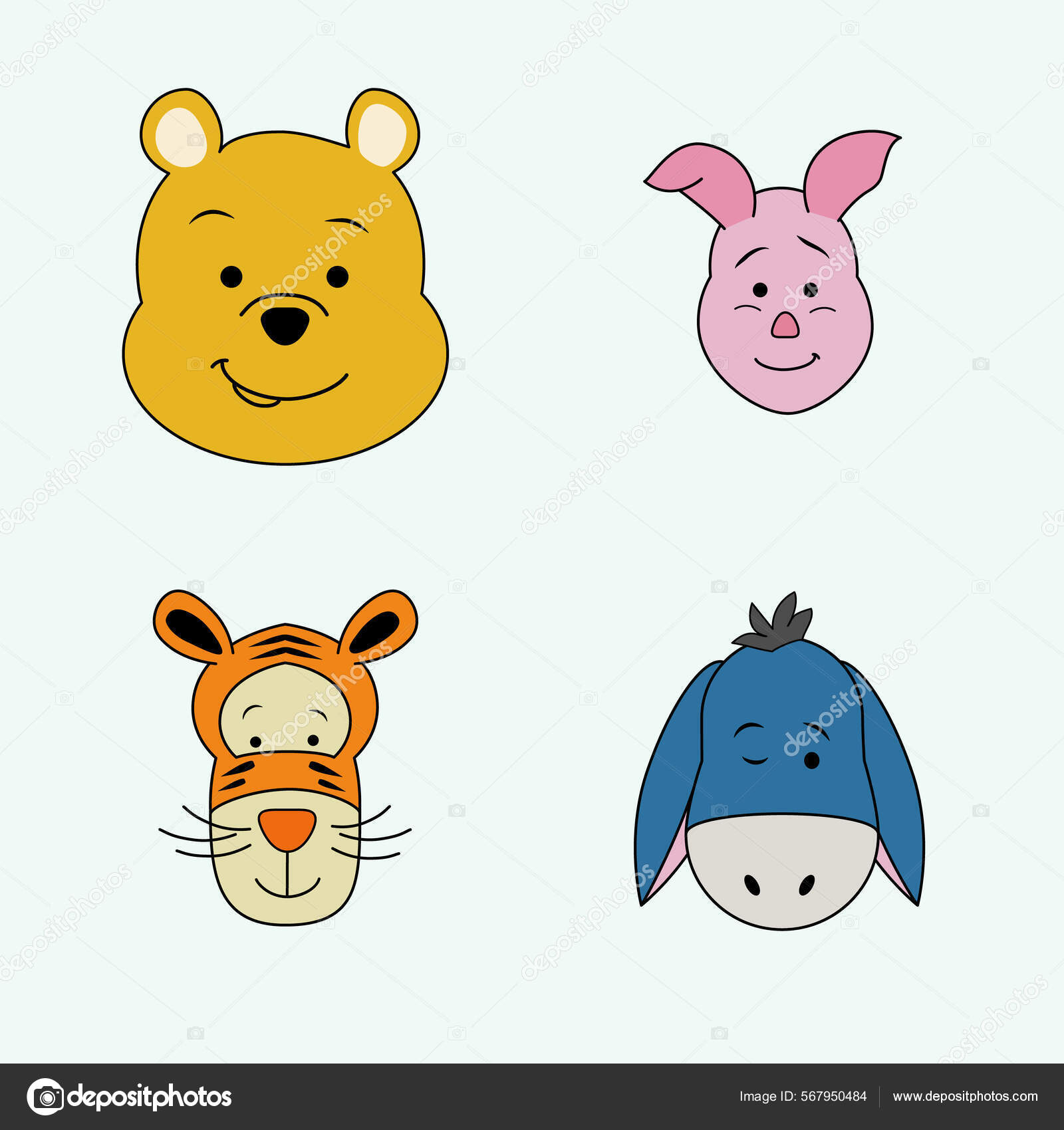 Characters Winnie Pooh Piglet Tiger Donkey Vector Flat Illustration ...