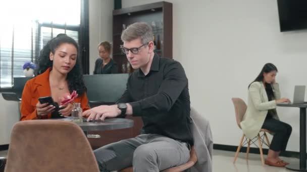 Business Man Woman Waiting Airport Lounge Talking Together Mean Boarding — Stock Video ...