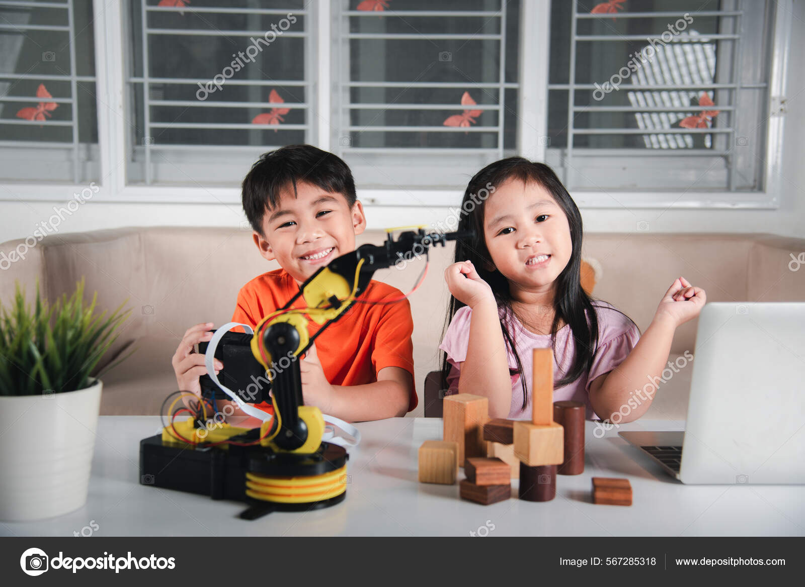 Two Children Programming Testing Robot Arm Science Kid Little Girl ...