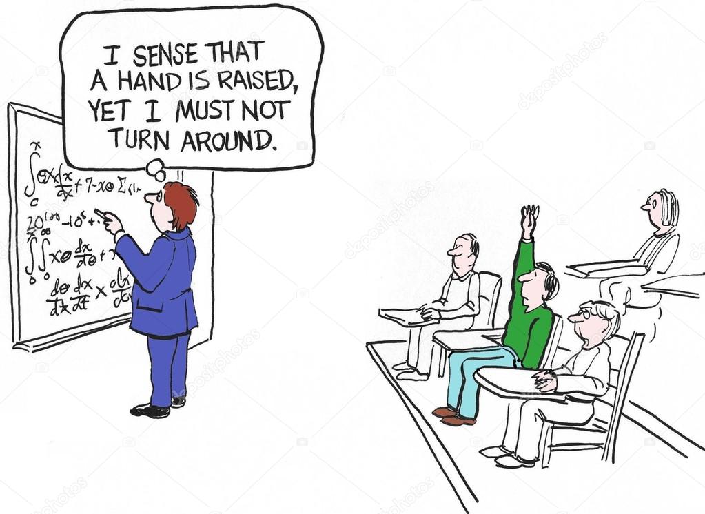 Professor writes on the board while hands are raised Stock Illustration ...