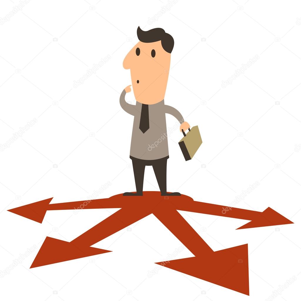 Businessman With Arrow In Many Directions Vector Illustration — Stock