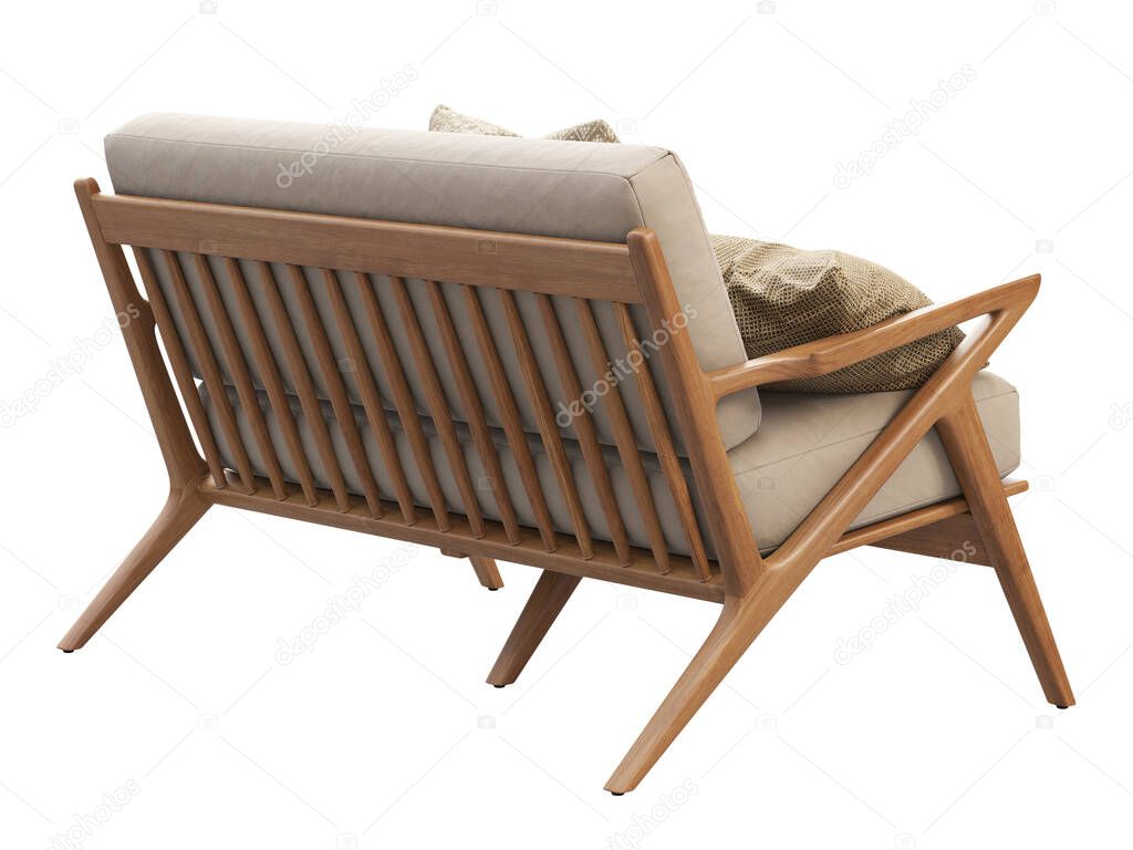 Sof de tapicer a de tela beige de mediados de siglo con almohadas acentuadas. Sof de madera base ...