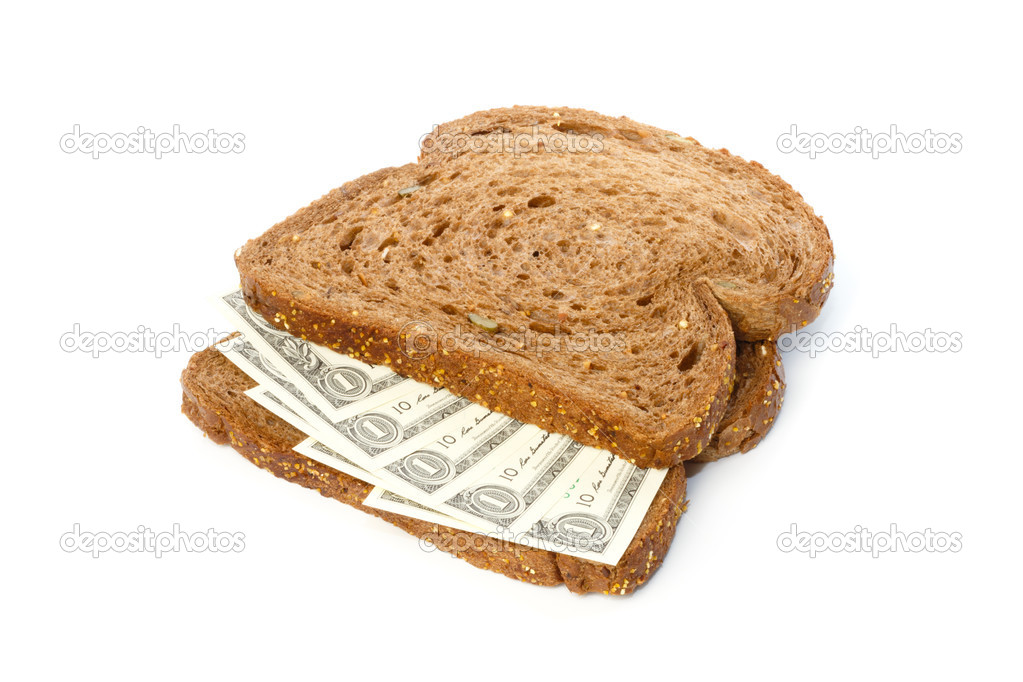 Two slices of bread with dollar banknotes sandwich spread Stock Photo ...