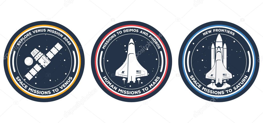 Misión espacial parche cohetes espaciales y satélite. Insignia de Venus ...