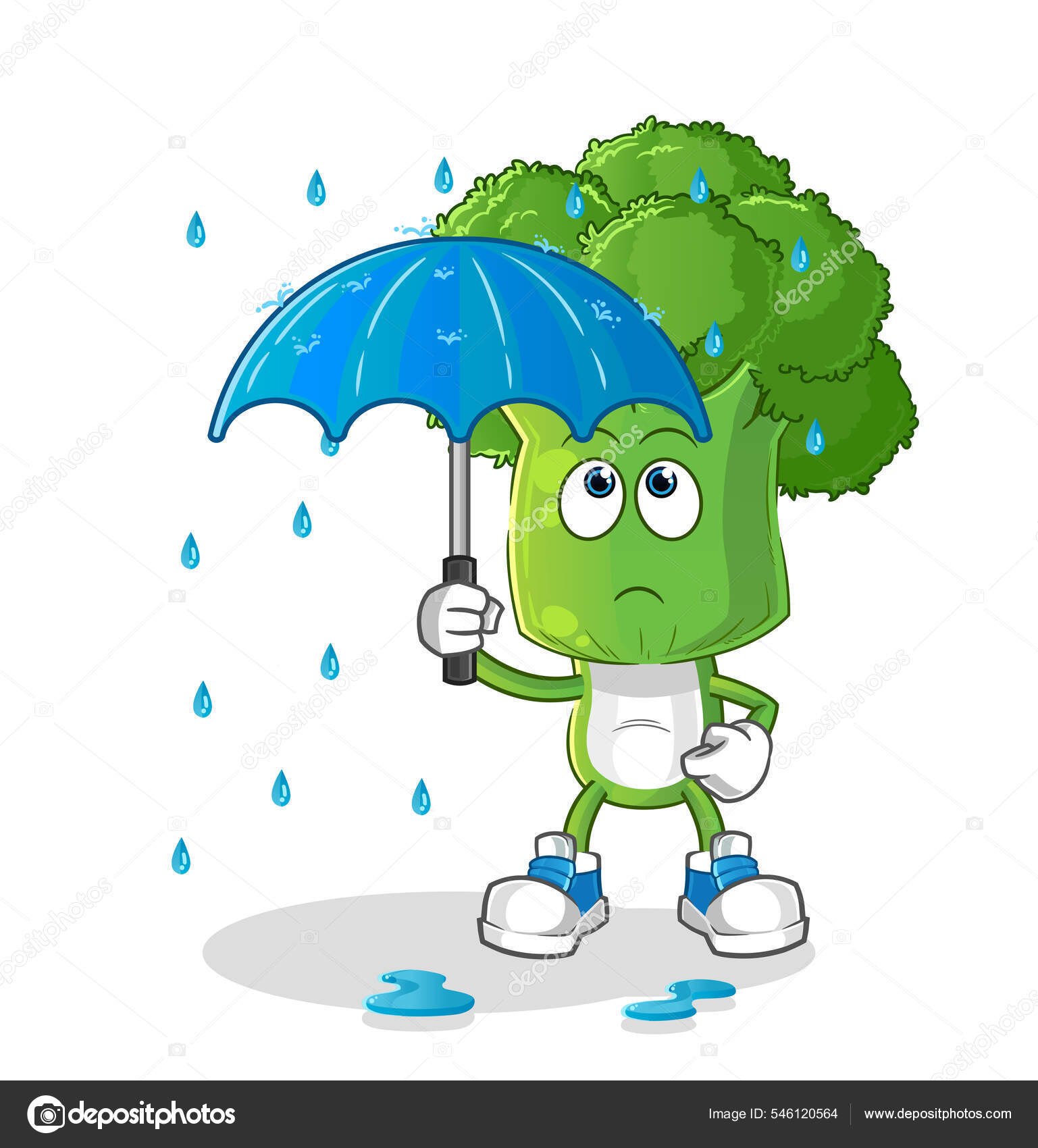 Broccoli Head Cartoon Holding Umbrella Illustration Character Vector ...