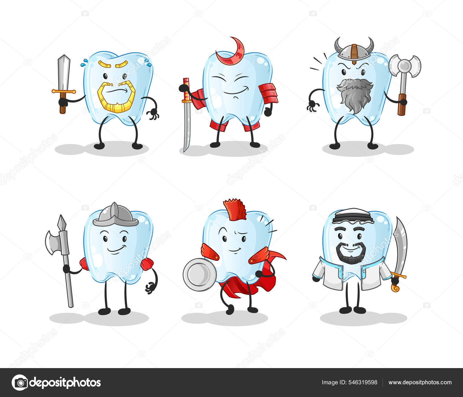 Tooth Warrior Group Character Cartoon Mascot Vector Stock Vector Image ...