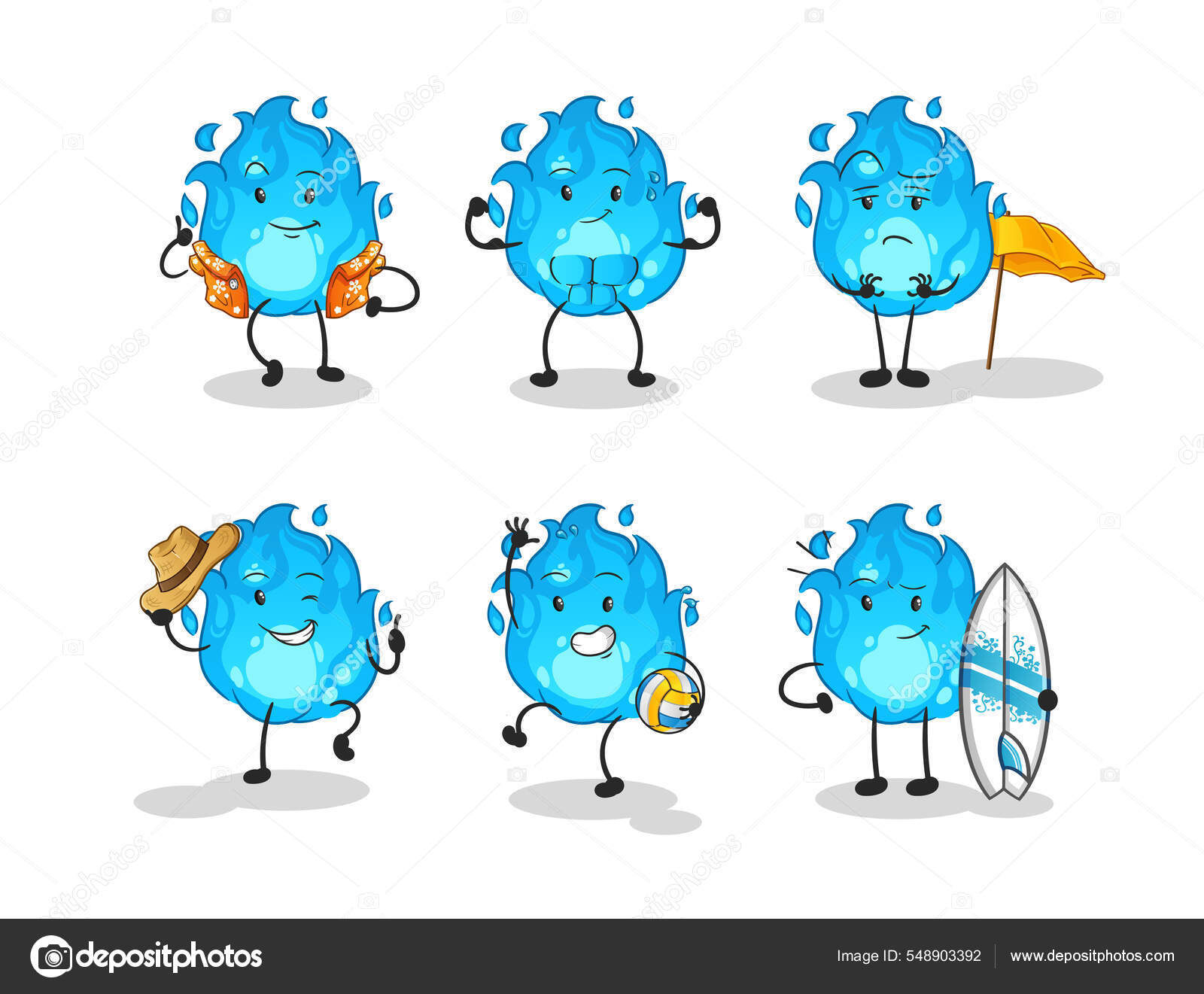 Blue Fire Beach Vacation Set Character Cartoon Mascot Vector Stock ...