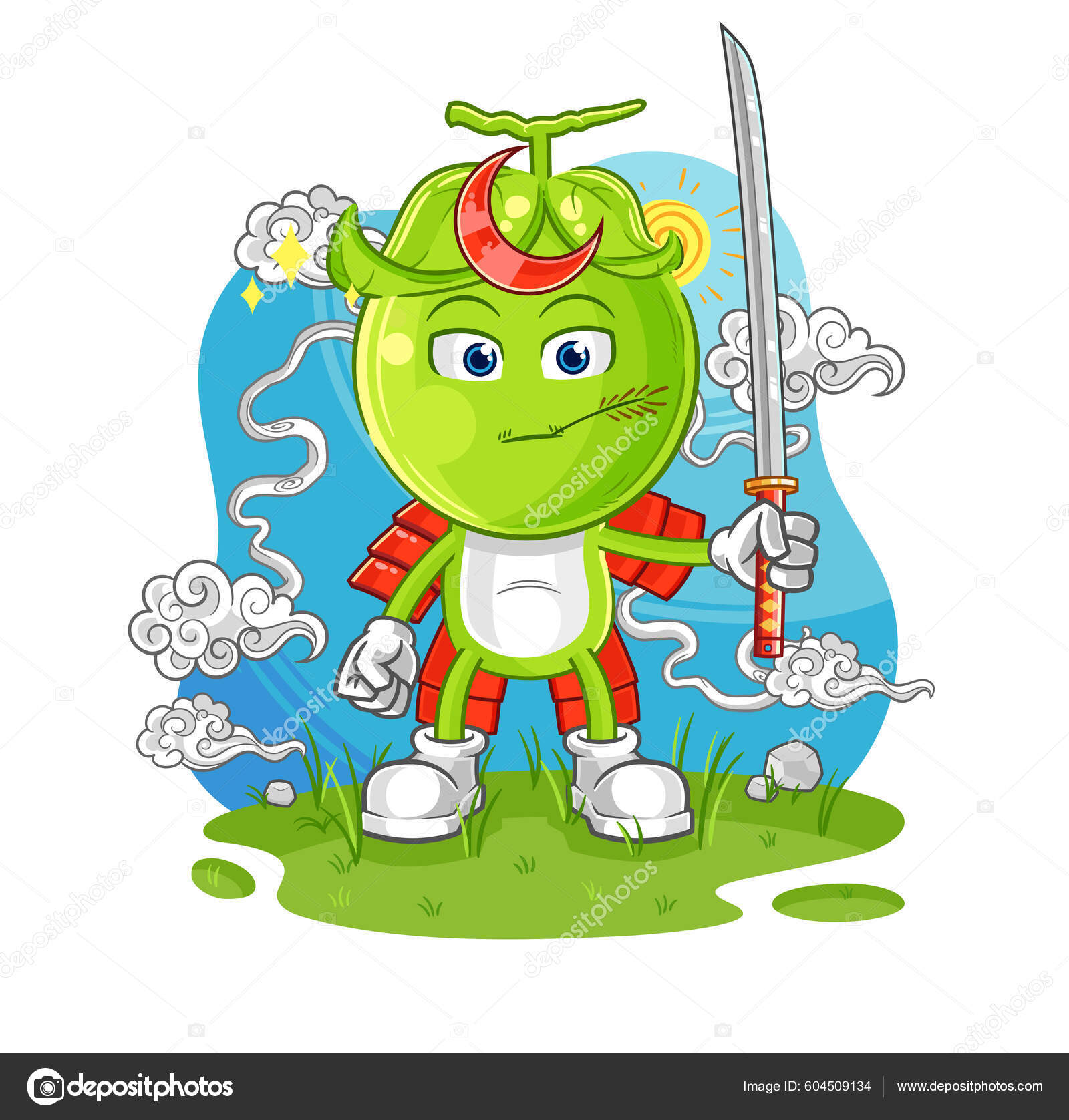 Pea Head Samurai Cartoon Cartoon Mascot Vecto Vector de stock ...