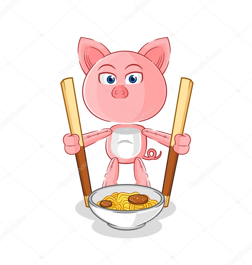 el cerdo come caricaturas de fideos. carácter mascota vecto 2023
