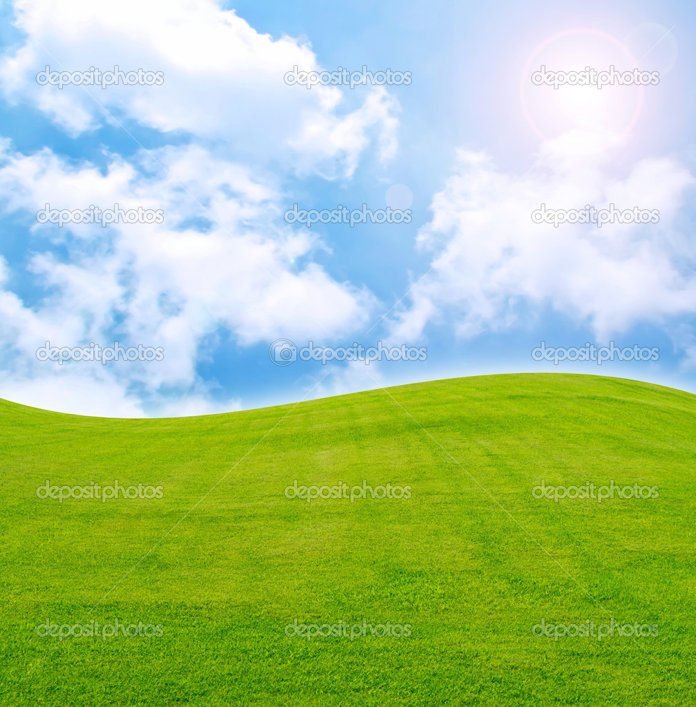 sol y campo de pasto verde fresco bajo cielo azul — Foto de stock ...
