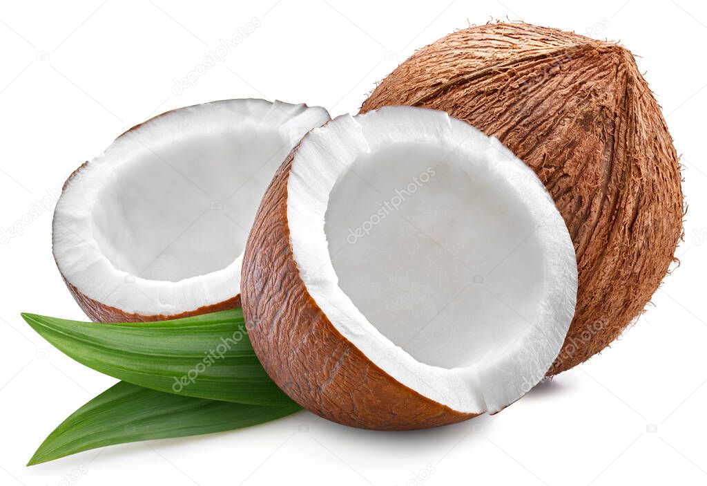 Ruta de recorte de coco. Coco entero maduro con hoja verde y medio ...