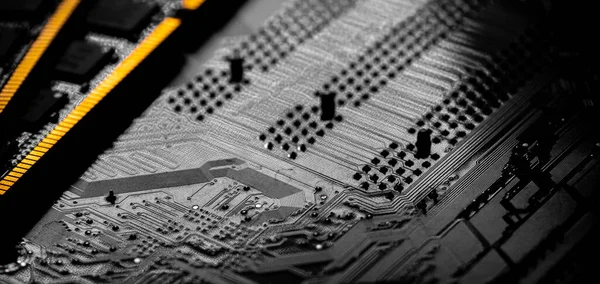 Macro Close up of computer RAM chip; random access memory chip slot for ...