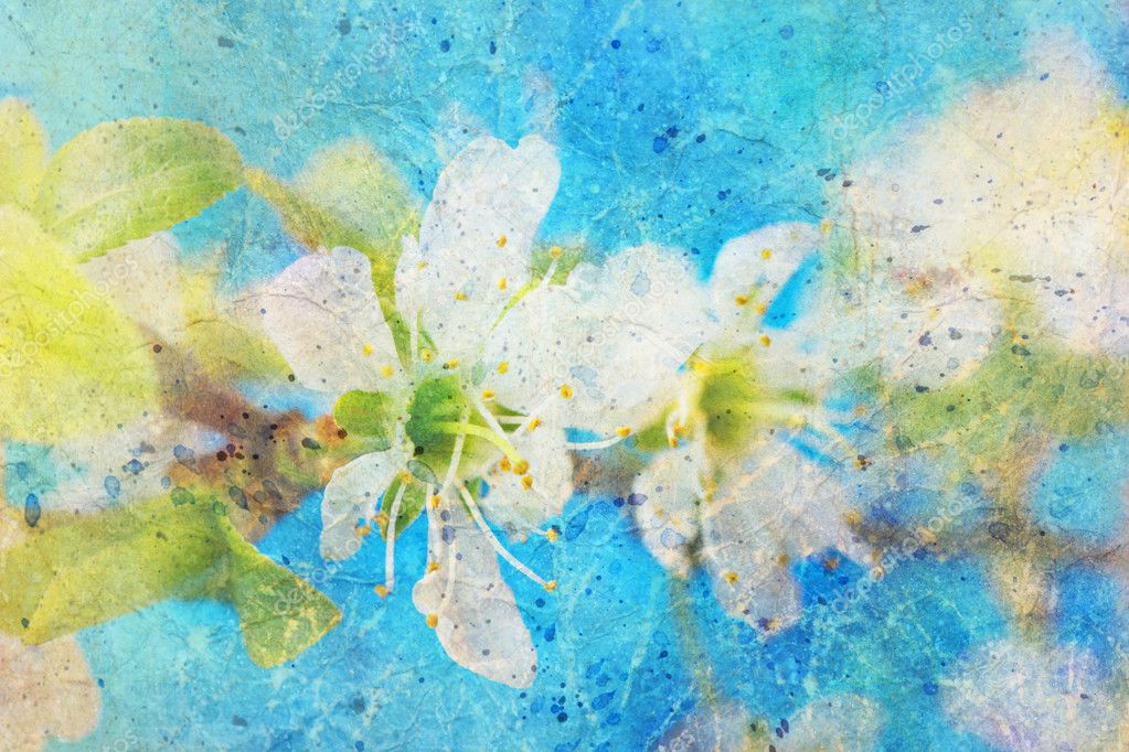 Spring twig with flowers and messy watercolor splatter — Stock Photo ...