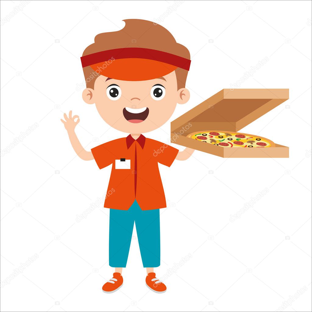 Dibujo de dibujos animados de un trabajador de pizza 2024