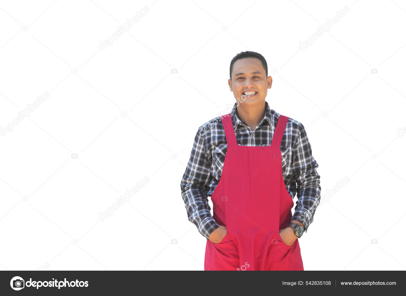 Handsome Asian Man Shopkeeper Wearing Apron Smiling Isolated White ...