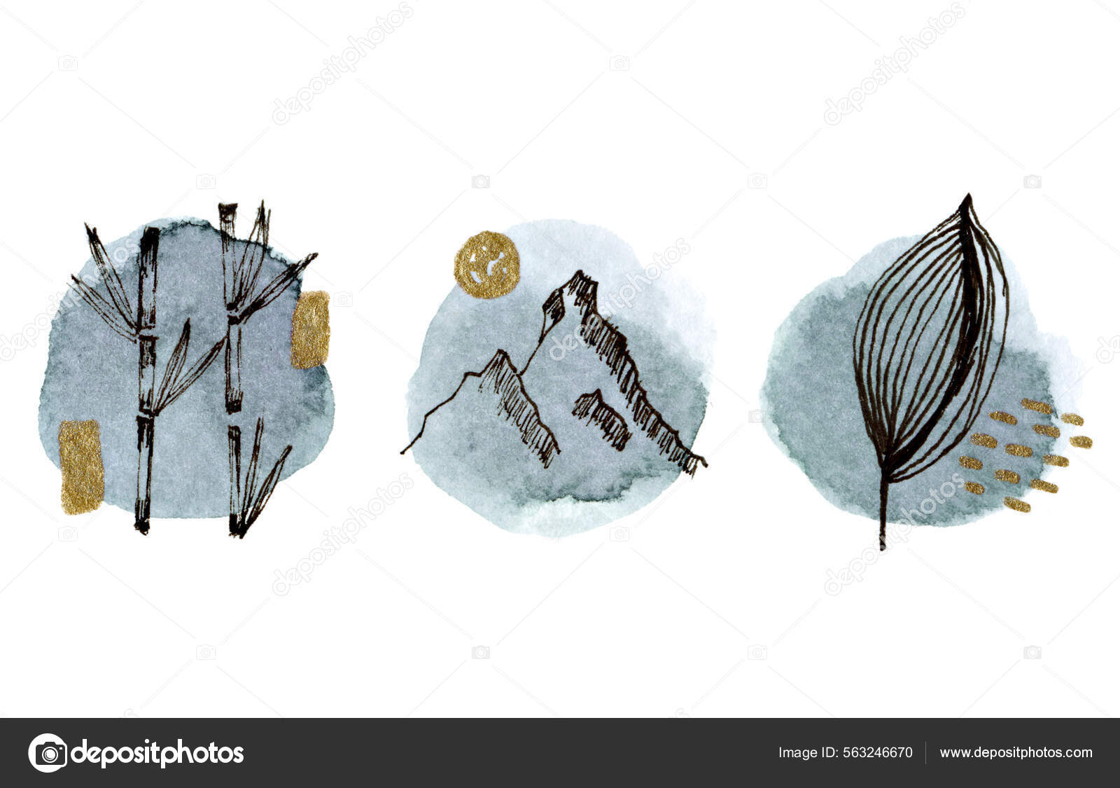 Collection Fantasy Flora Nature Outline Drawing Fresh Green Watercolour ...