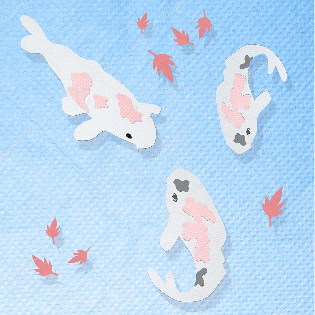 Koi fish in the pool with maple leaf made from tissue paper craf ...