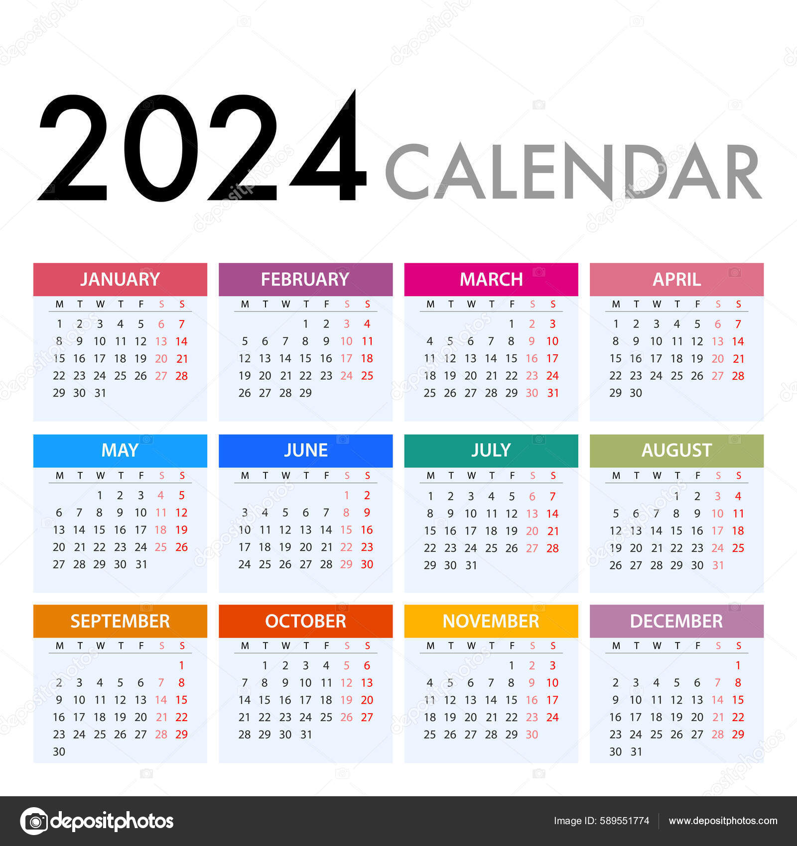 Calendar 2024 White Background Week Starts Monday 图库矢量图©atthameeni ...