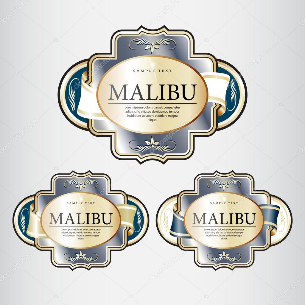 Ornate labels in blue color with gold and white ribbons. Stock Vector ...