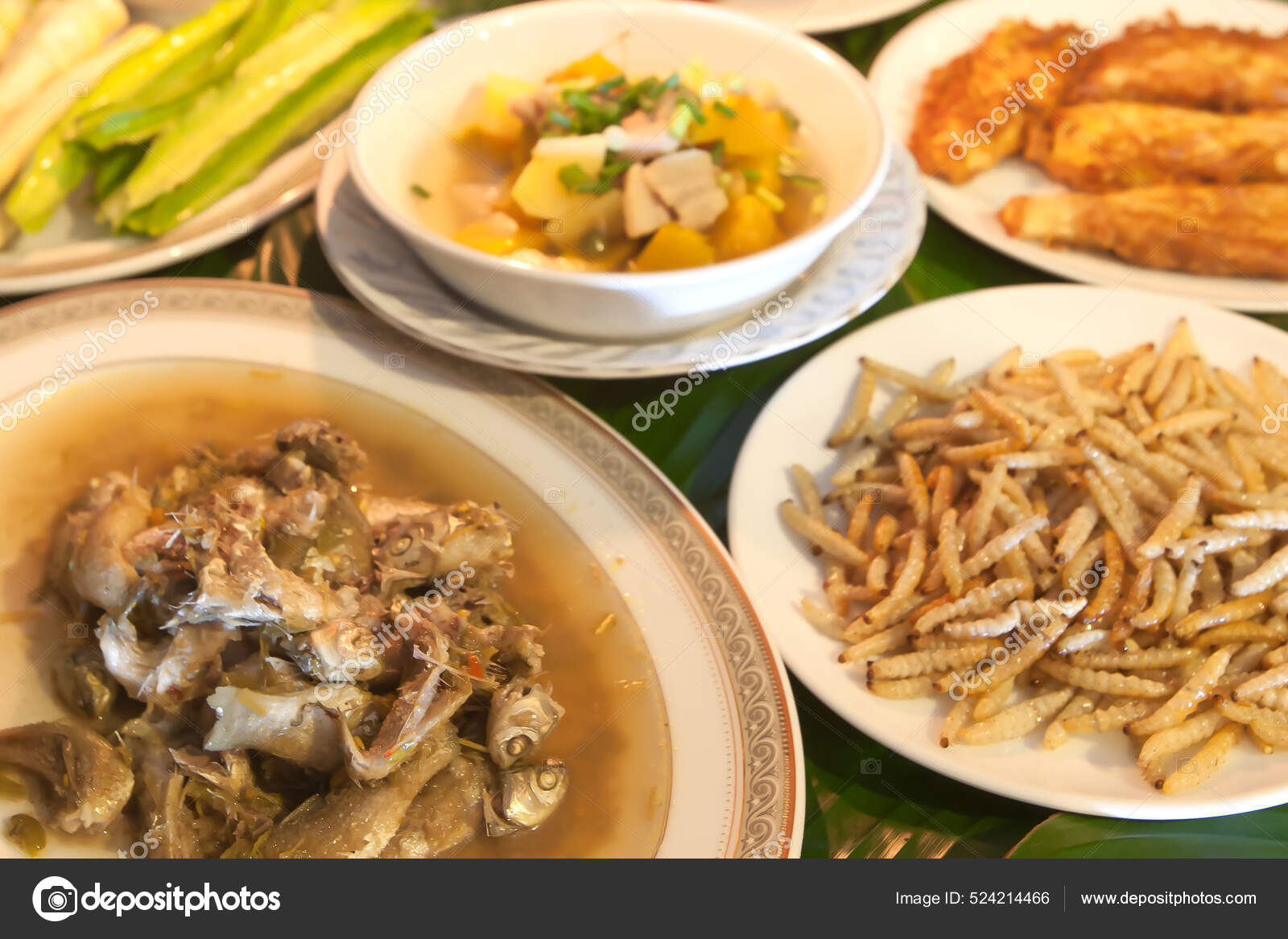 Akha Tribe Cuisine Set Fish Soup Fried Bamboo Worms Deep Stock Photo by ...