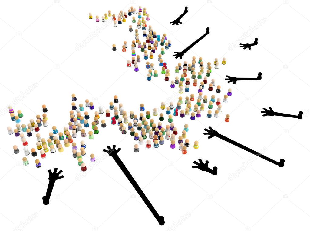 Multitud de pequeñas figuras simbólicas, acosadas por negros que ...