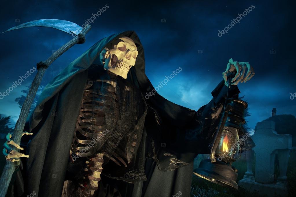 Grim reaper, angel of death with lamp at night — Stock Photo ...