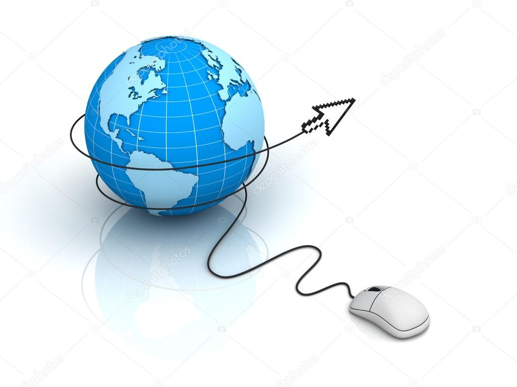 Earth globe with computer mouse cursor on white background, Internet ...