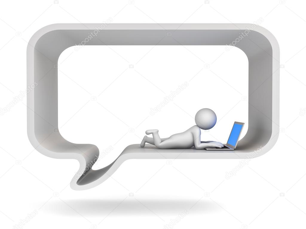 3d man using laptop computer in speech bubble — Stock Photo ...