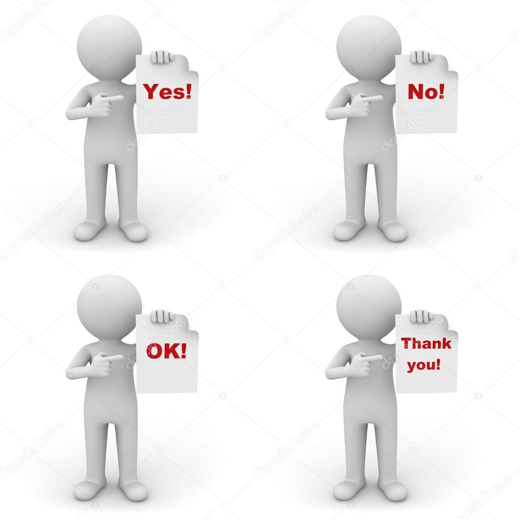 Collection of 3d man holding paper with red word yes, no, ok and thank ...