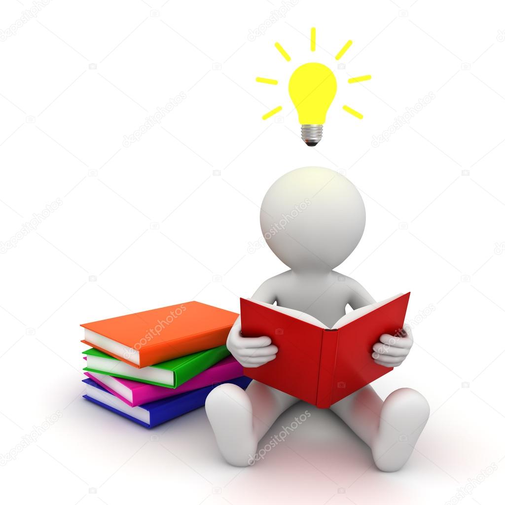 3d hombre sentado en el suelo y la lectura de un libro con bombilla ... 3d hombre sentado en el suelo y la lectura de un libro con bombilla ...