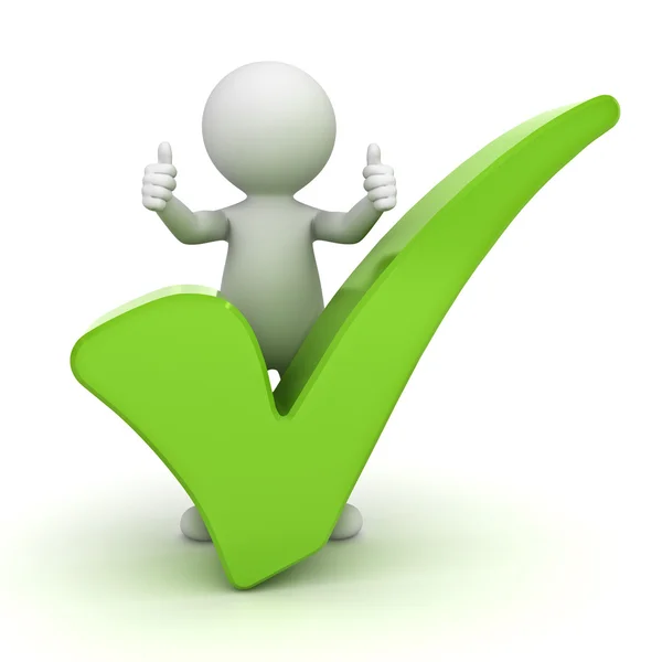 3d man showing thumbs up with green check mark over white — Stock Photo ...