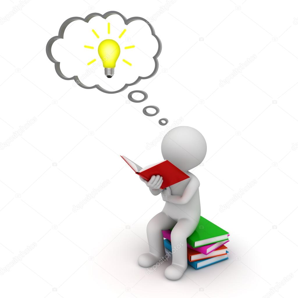 3d hombre sentado y leyendo un libro con bombilla idea en burbuja de ... 3d hombre sentado y leyendo un libro con bombilla idea en burbuja de ...