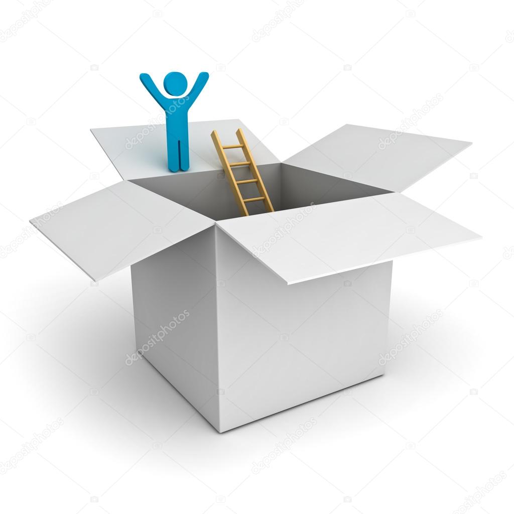 Think outside the box concept, man standing with arms wide open on top ...