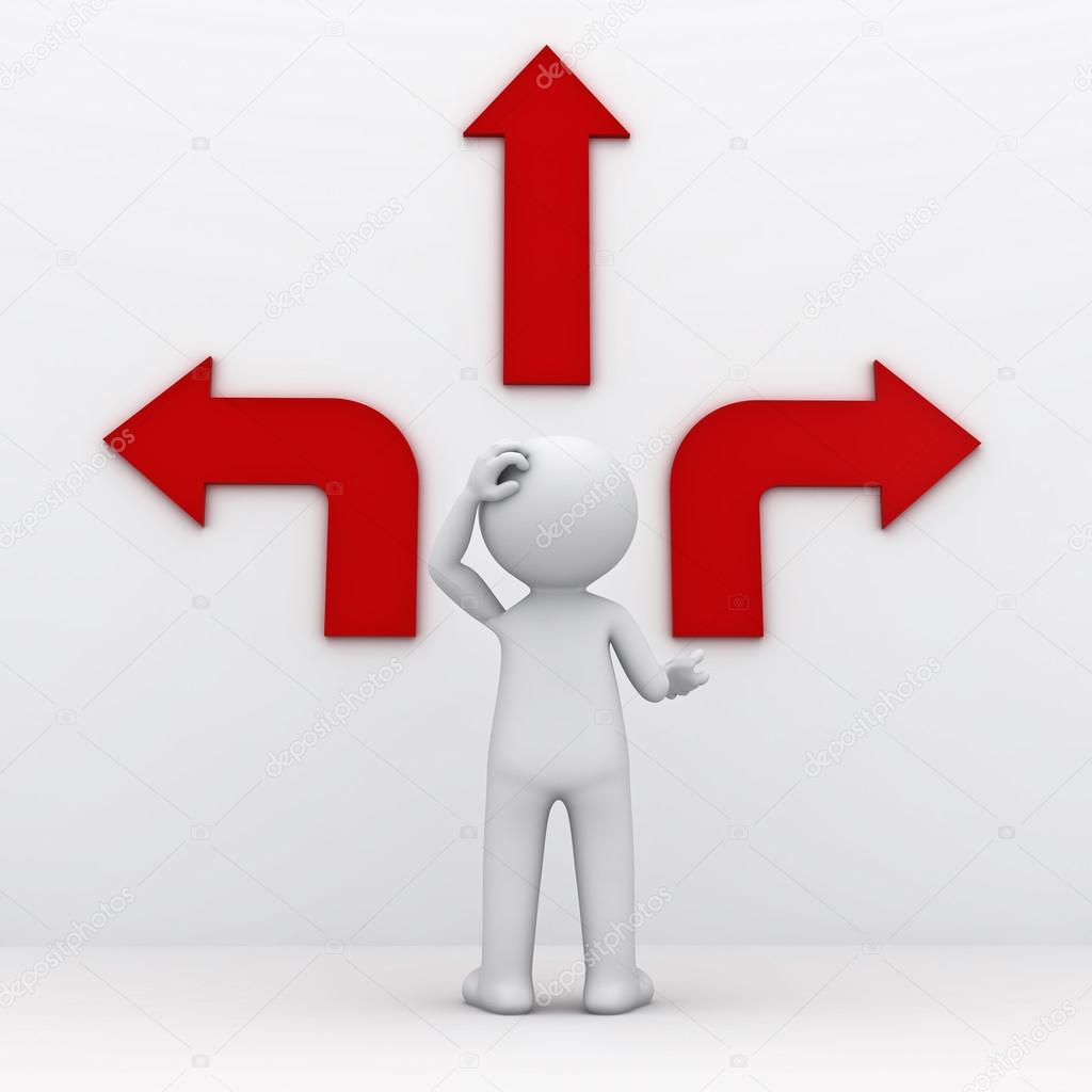 3d man standing in front of three red arrows showing three different ...