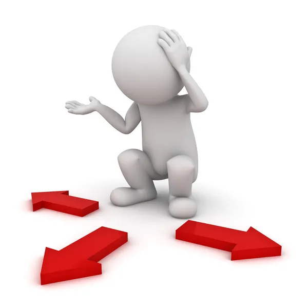 3d man thinking and confusing with three red arrows showing three different directions wondering ...
