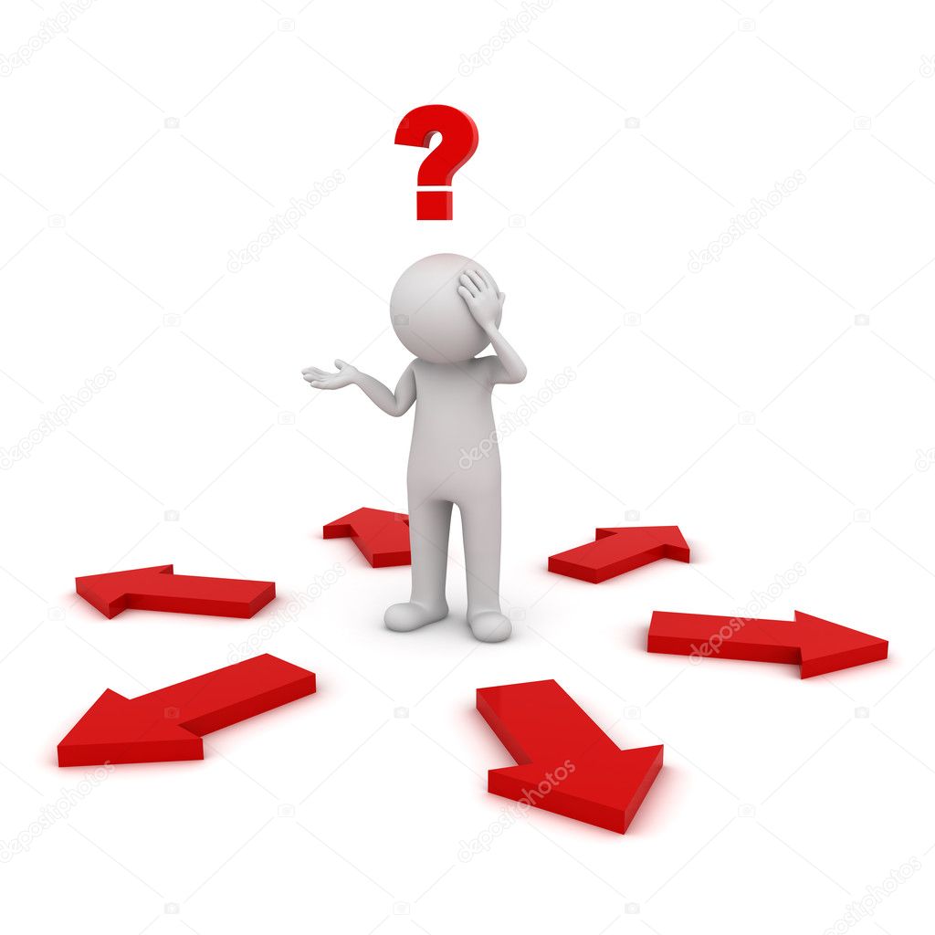 3d man thinking and confusing with many red arrows showing different ...