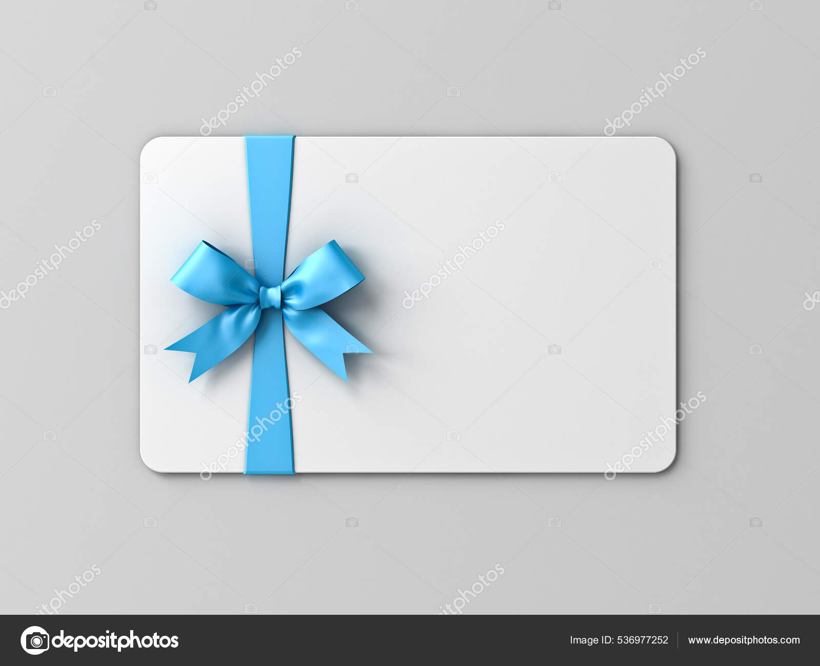 Blank White Gift Card Blue Ribbon Bow Isolated Gray Background — Stock ...