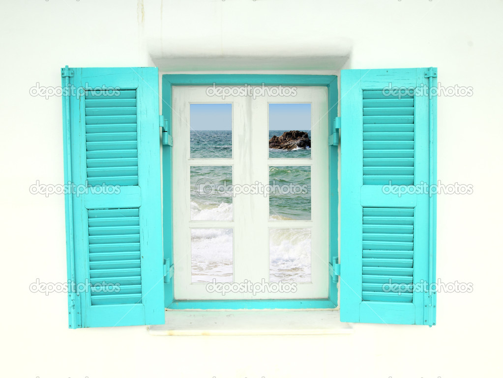 Greek style window with sea view Stock Photo by ©geargodz 26586137