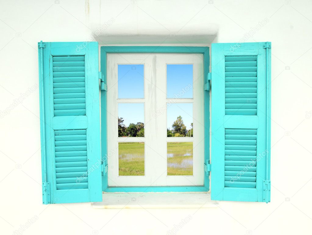 Greek style windows with country field — Stock Photo © geargodz #26586797
