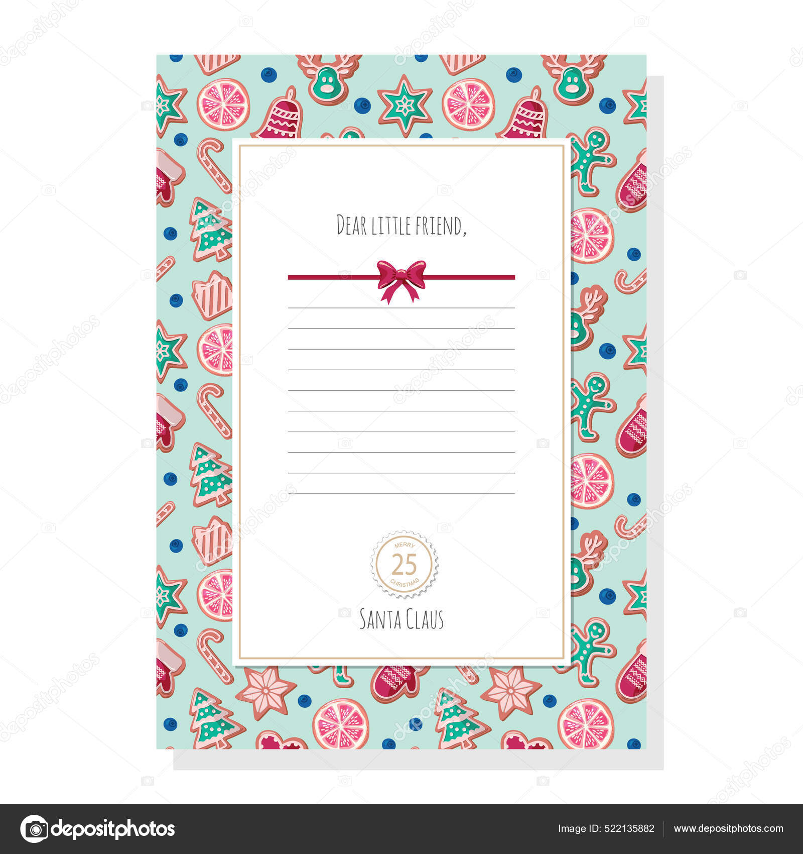 Christmas letter from Santa Claus template A4. Pattern with gingerbread cookies is ful under ...