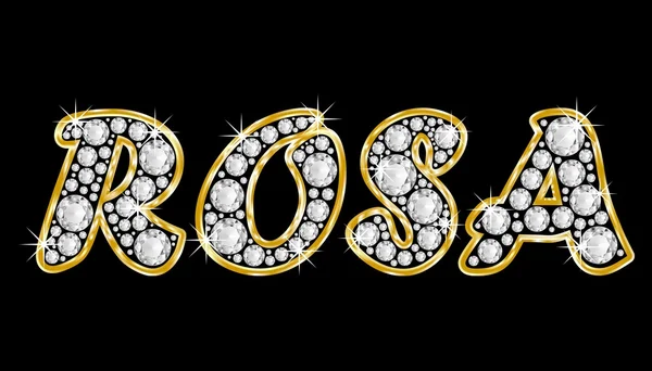 El nombre rosa escrito en diamantes de joyas, con marco dorado ...
