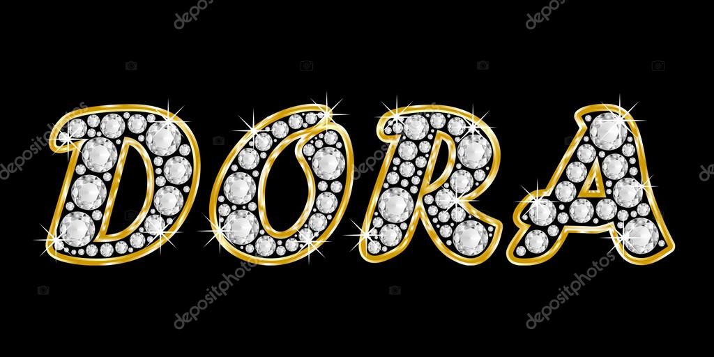 The name Dora spelled in bling diamonds, with shiny, brilliant golden ...