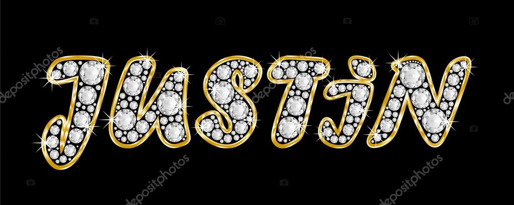 The name Justin spelled in bling diamonds, with shiny, brilliant golden ...