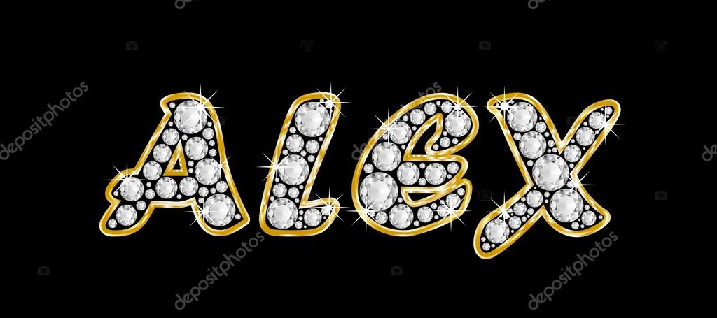 The name Alex spelled in bling diamonds, with shiny, brilliant golden ...
