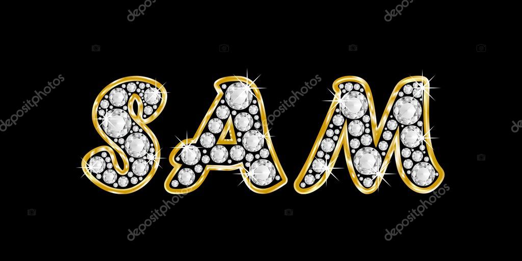 The name Sam spelled in bling diamonds, with shiny, brilliant golden ...