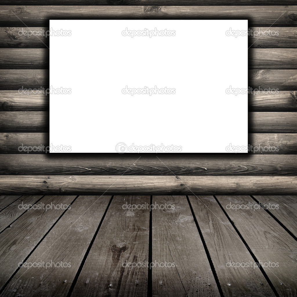 Blank picture in the gallery and empty wooden deck table. Ready for ...