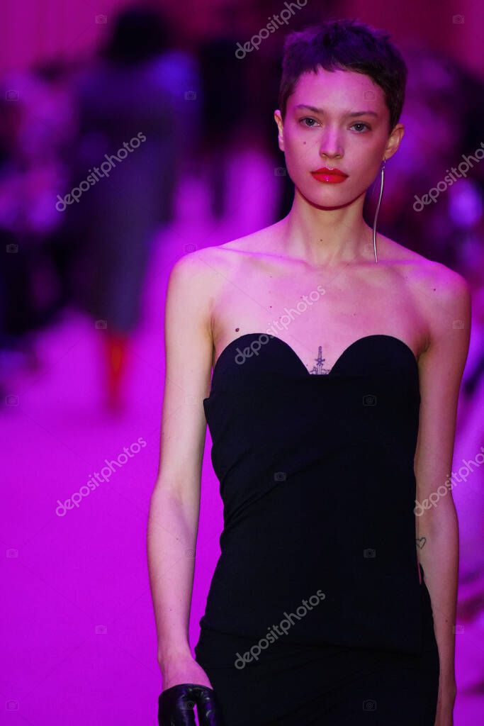 MILÁN, ITALIA - 25 DE FEBRERO: Una modelo camina por la pasarela en el ...