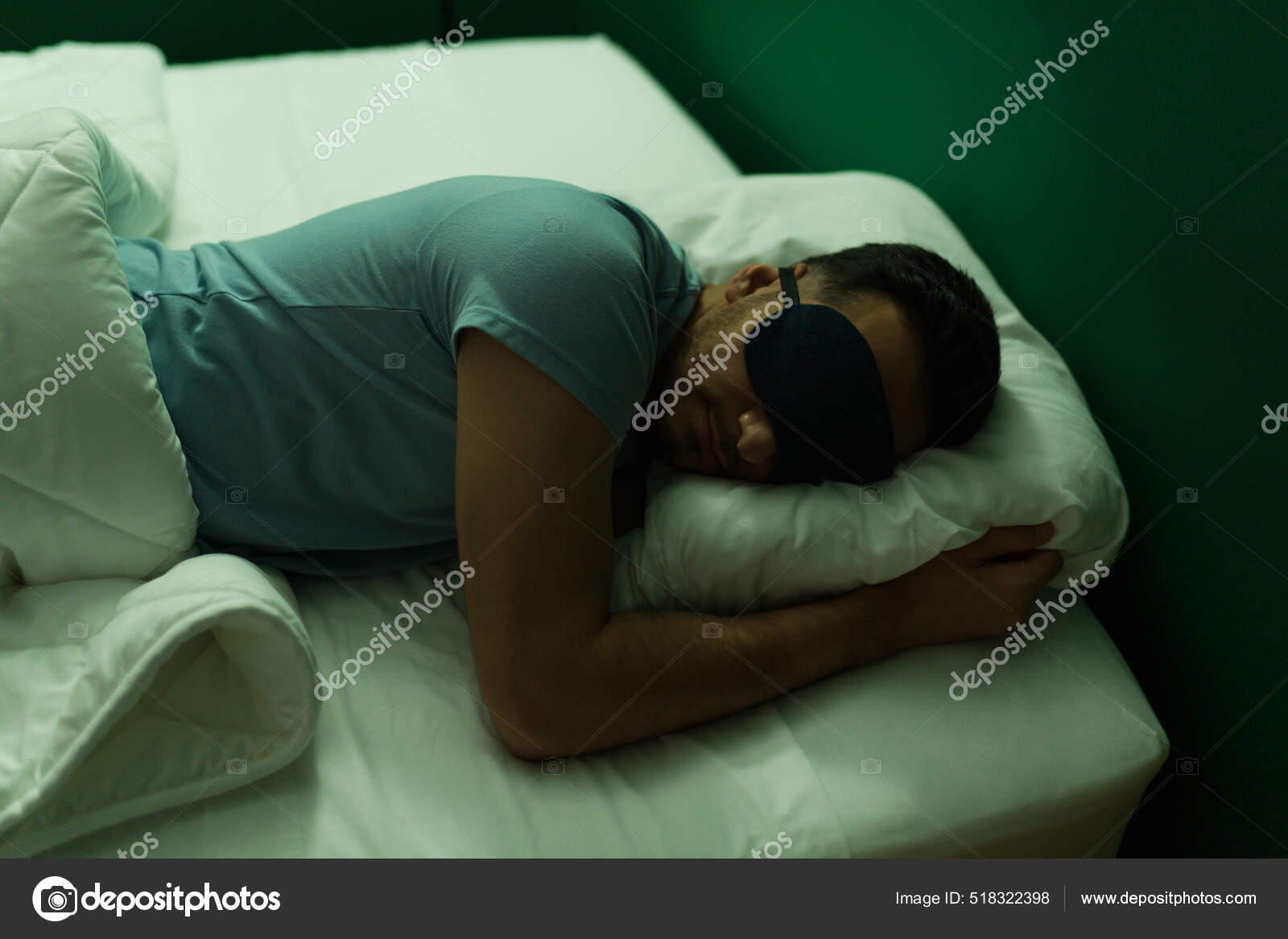 Light Uncomfortable Tired Man Sleep Mask Falling Asleep While Hugging ...