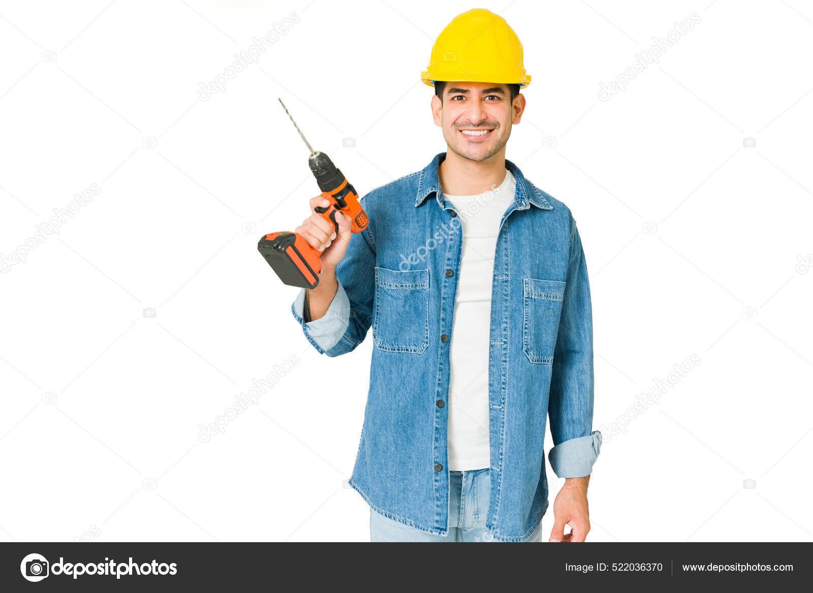 Trabajador Contratista Feliz Con Casco Seguridad Usando Taladro ...