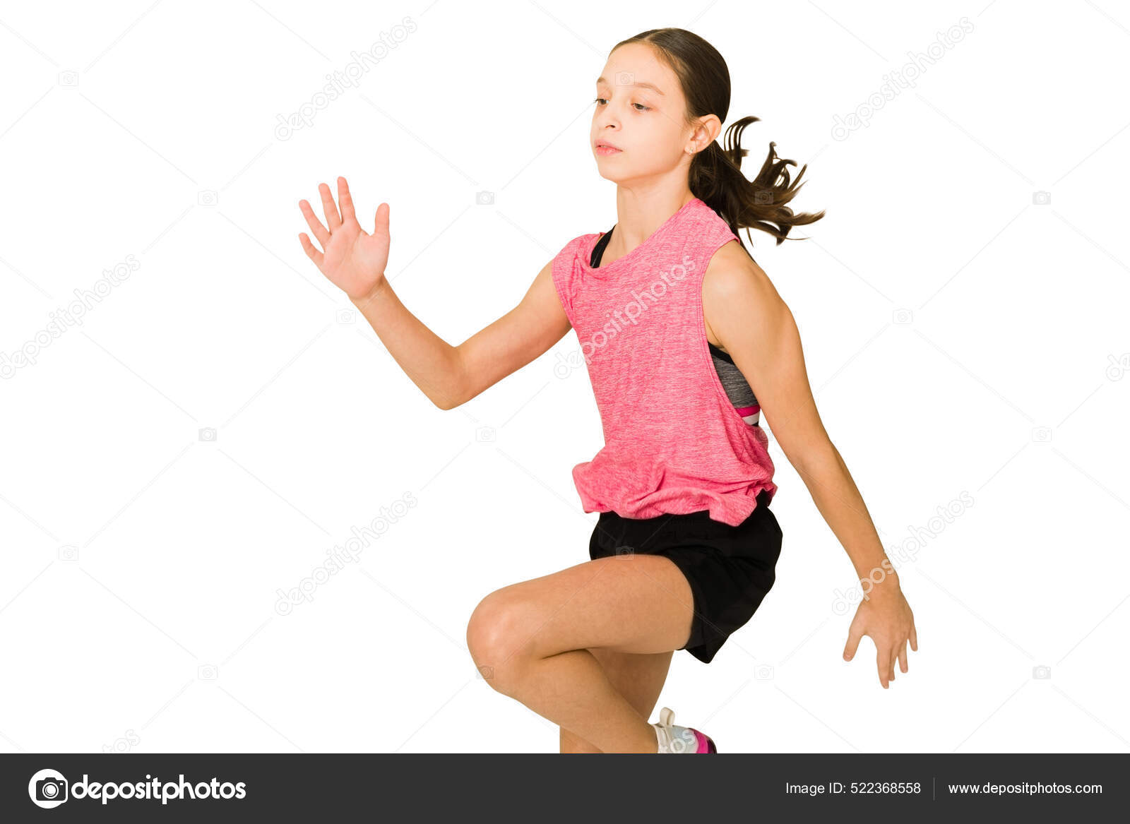 Focused Little Girl Training Running Place Her Cardio Workout Stock ...